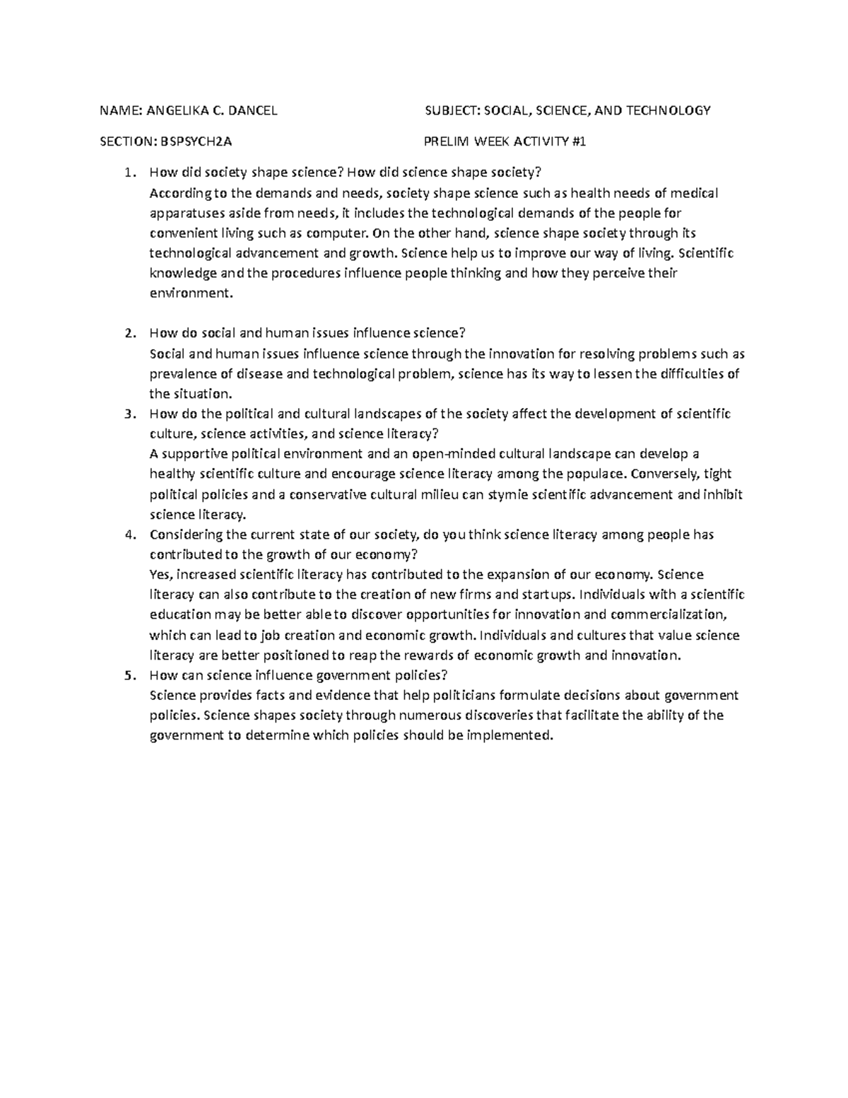 Sts act - activity - NAME: ANGELIKA C. DANCEL SUBJECT: SOCIAL, SCIENCE ...