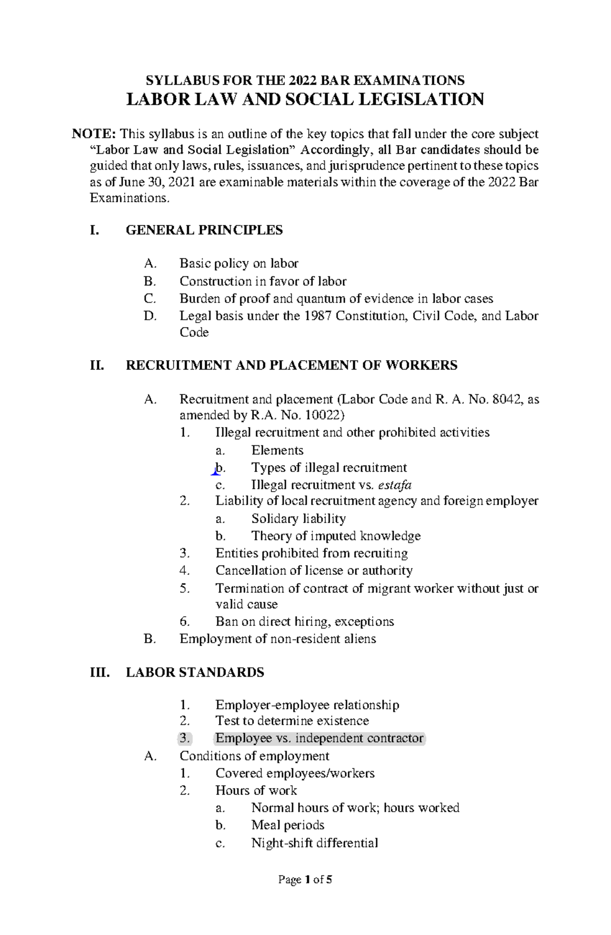 Syllabus-Bar - Notes - SYLLABUS FOR THE 2022 BAR EXAMINATIONS LABOR LAW ...