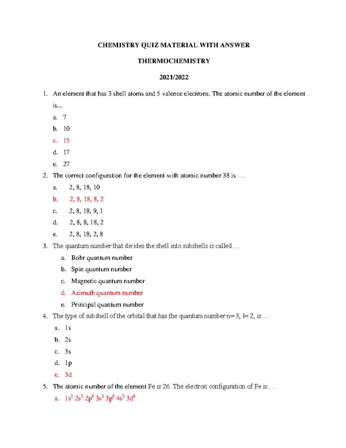 Chemistry Quiz Material - CHEMISTRY QUIZ MATERIAL WITH ANSWER ...