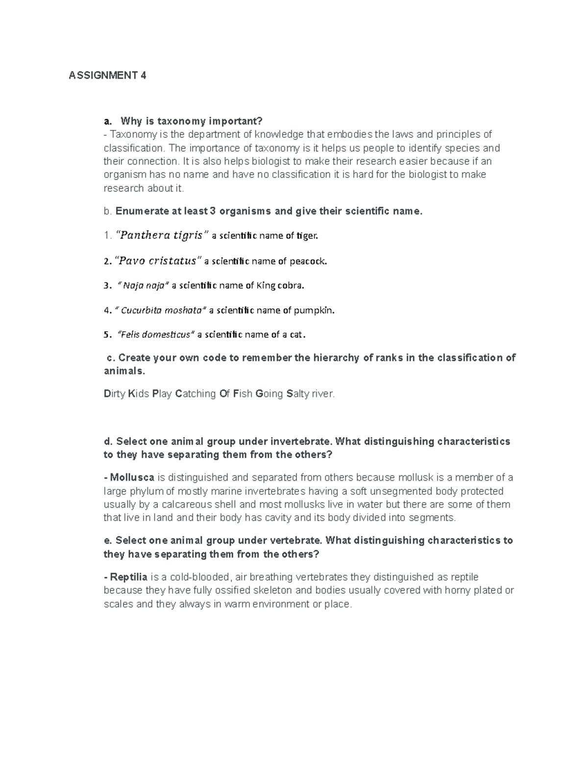 Zoology Assignment. #4 - ASSIGNMENT 4 a. Why is taxonomy important ...