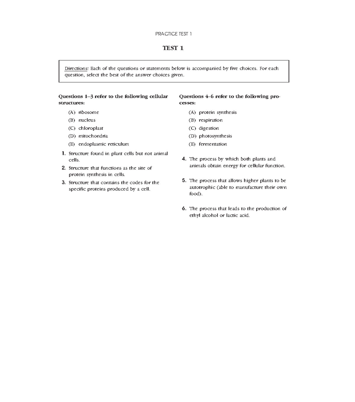 Biology Practice Test 1 with Key - Directions: Each of the questions or ...