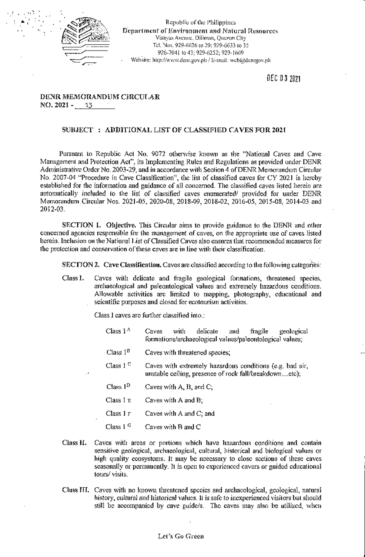 Additional LIST OF Classified Caves FOR 2021 - Environmental Laws ...