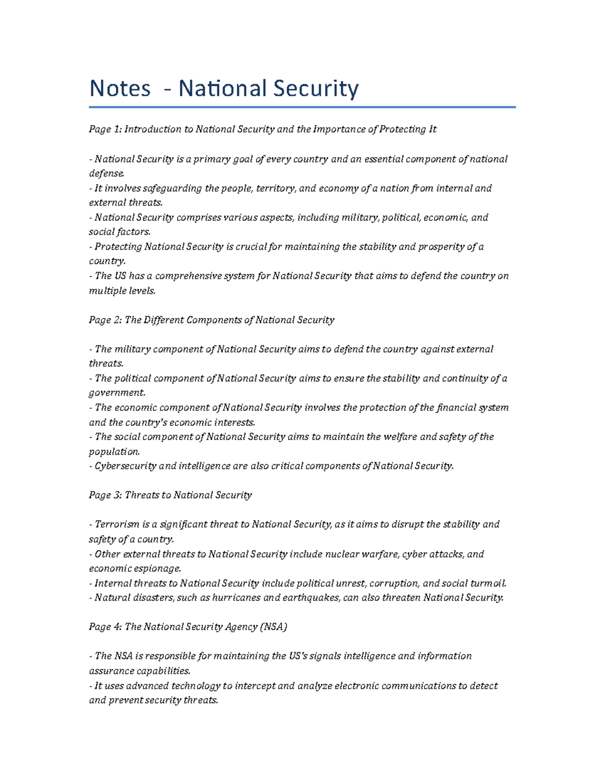 Lecture notes - National Security - Notes - National Security Page 1 ...