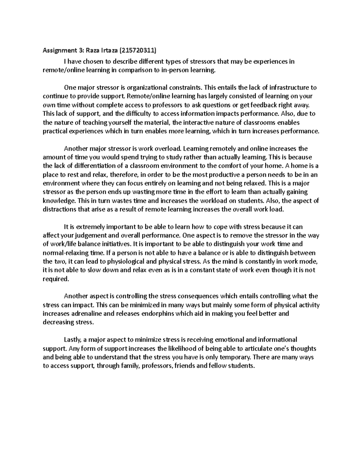 Reflection Paper #3 - Assignment 3: Raza Irtaza (215720311) I have ...