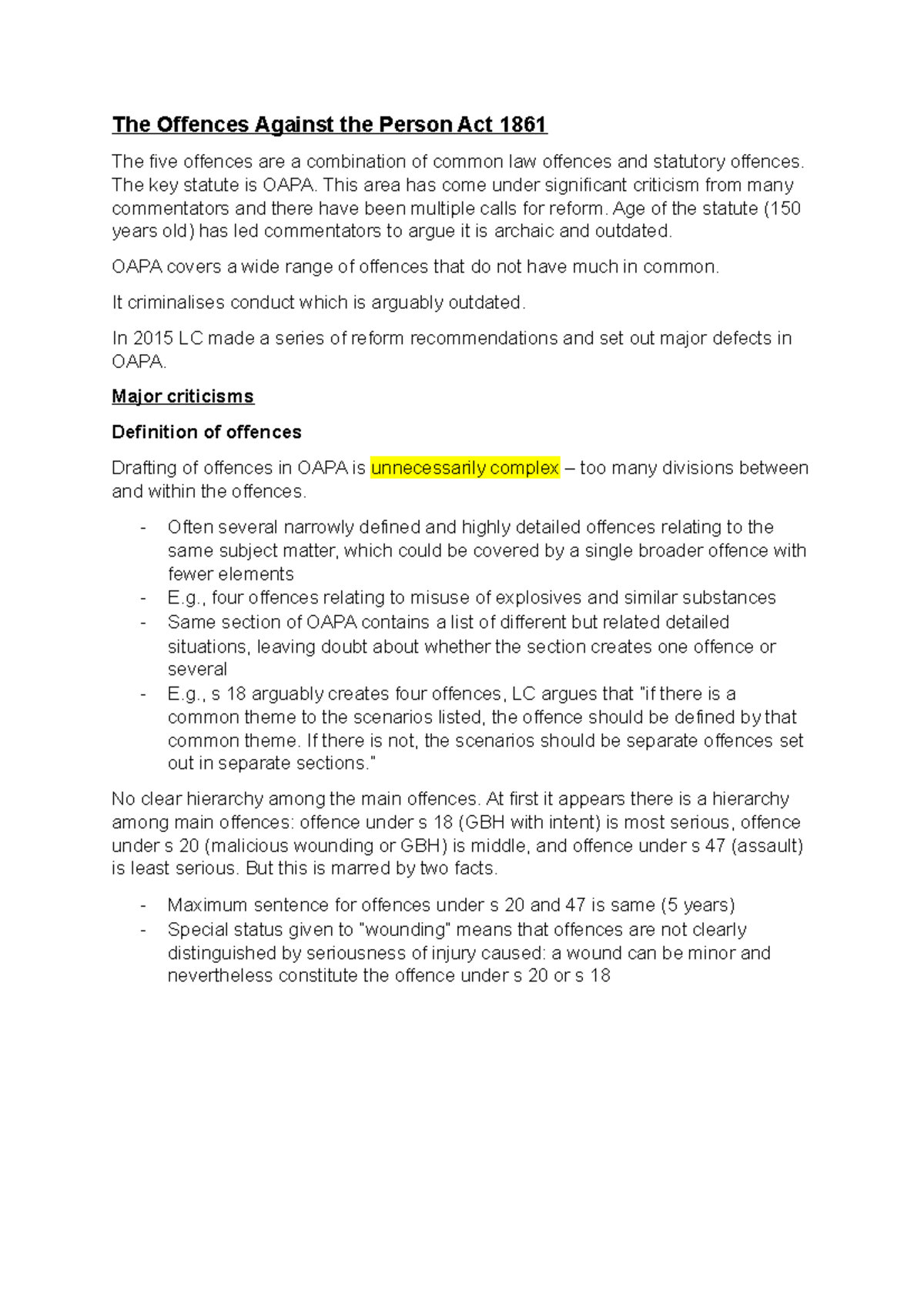 5 - Criminal Law - The Offences Against the Person Act 1861 The five ...
