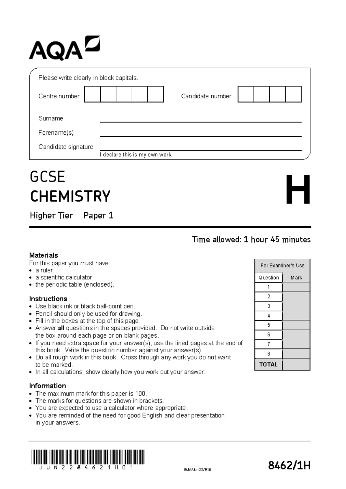 Chemistry paper 1 2022 answered - jUN2284621H01 IB/M/Jun22/E 10 8462/1H ...