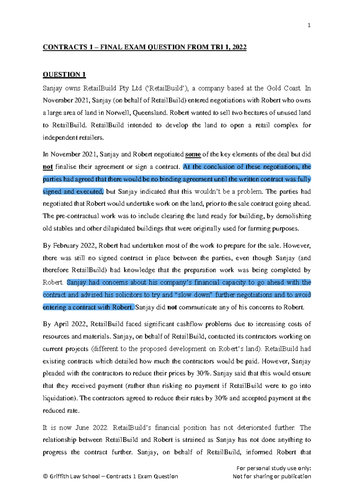 Prac exam question - 1 For personal study use only: © Griffith Law School – Contracts 1 Exam ...
