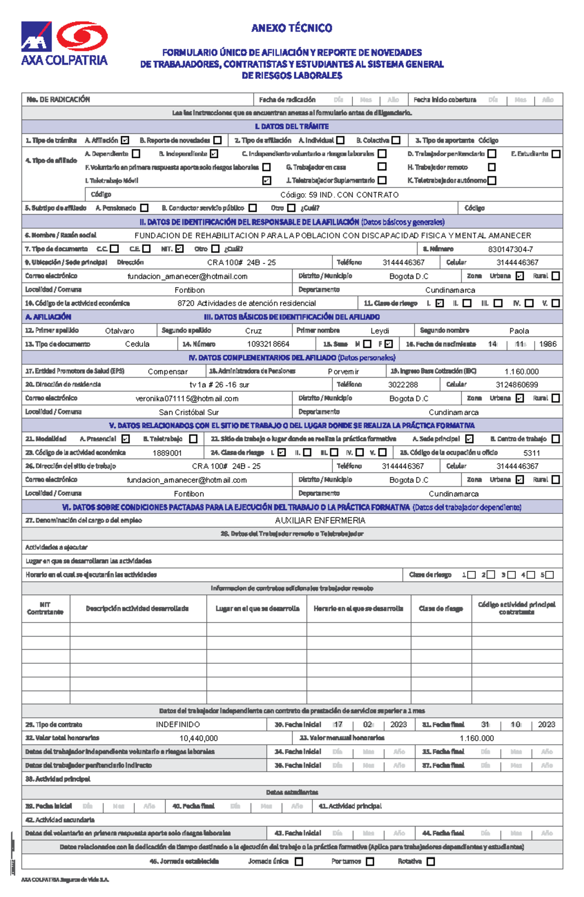 Formulario unico de afiliacion reporte novedades de contratistas y est ...