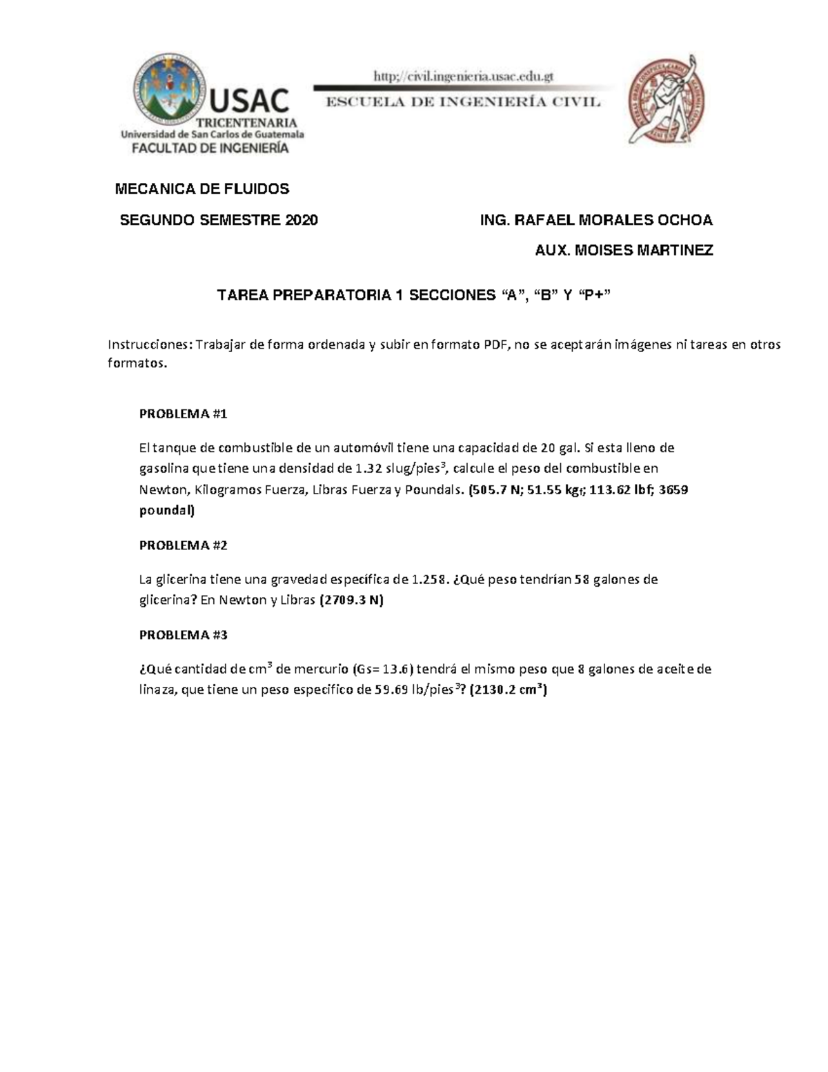 Tarea preparatoria 1 - Warning: TT: undefined function: 32 MECANICA DE FLUIDOS SEGUNDO SEMESTRE ...