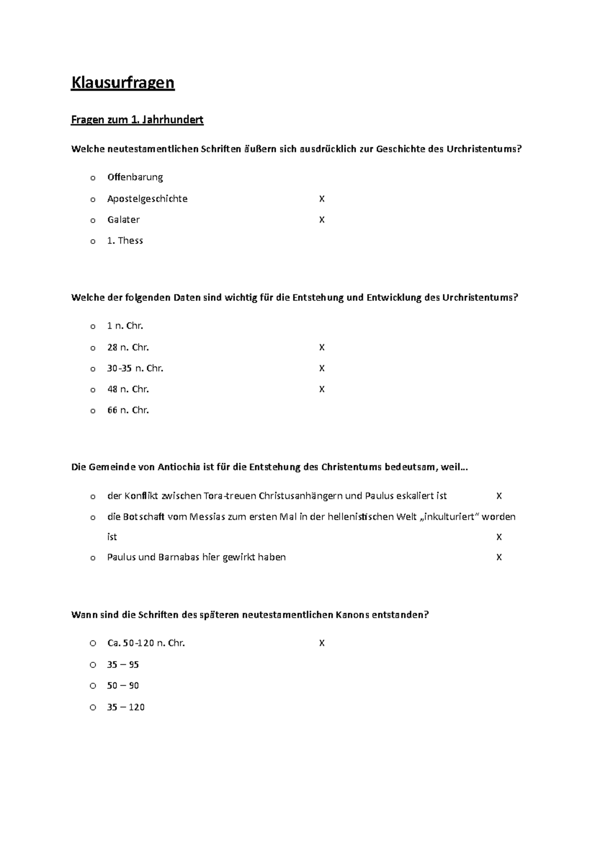 Klausur, Fragen und Antworten - Klausurfragen Fragen zum 1. Jahrhundert Welche ...