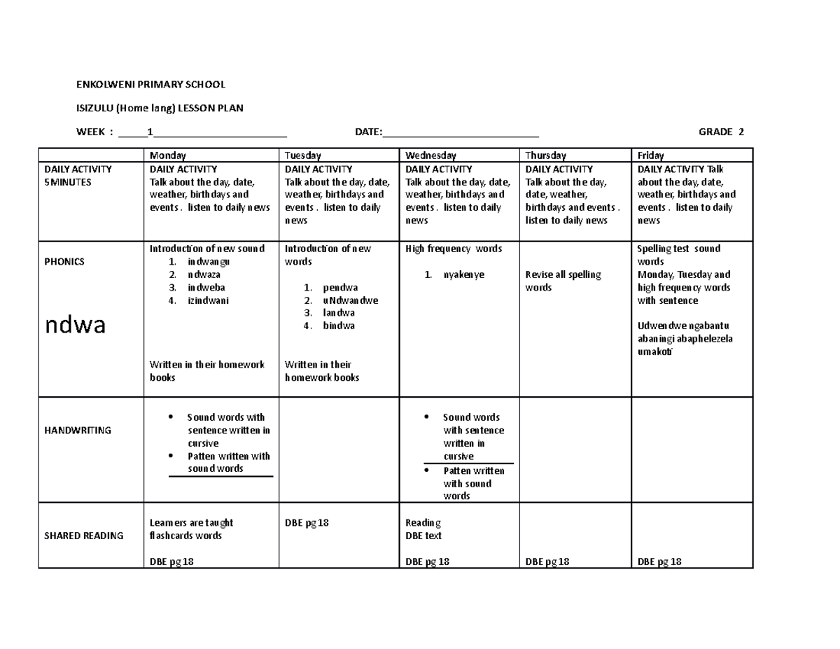 Isizulu Lesson Plan Week 1 10 Term 2 2017 Grade 3 ENKOLWENI PRIMARY 