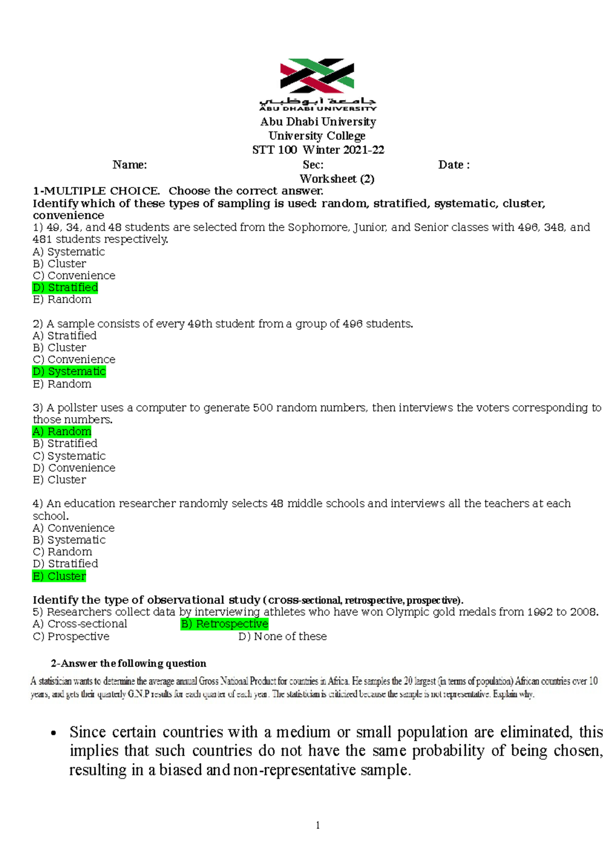 STT 100 ws2 CH1 -Winter 2022 - Abu Dhabi University University College ...