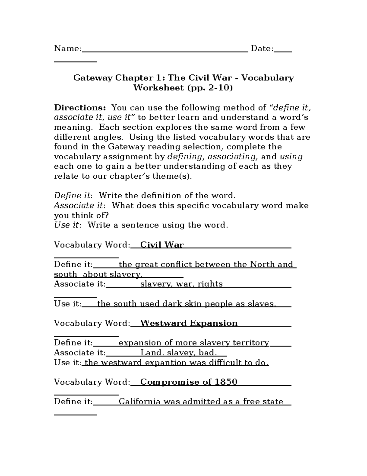Finished - cool - Name: Date: Gateway Chapter 1: The Civil War ...