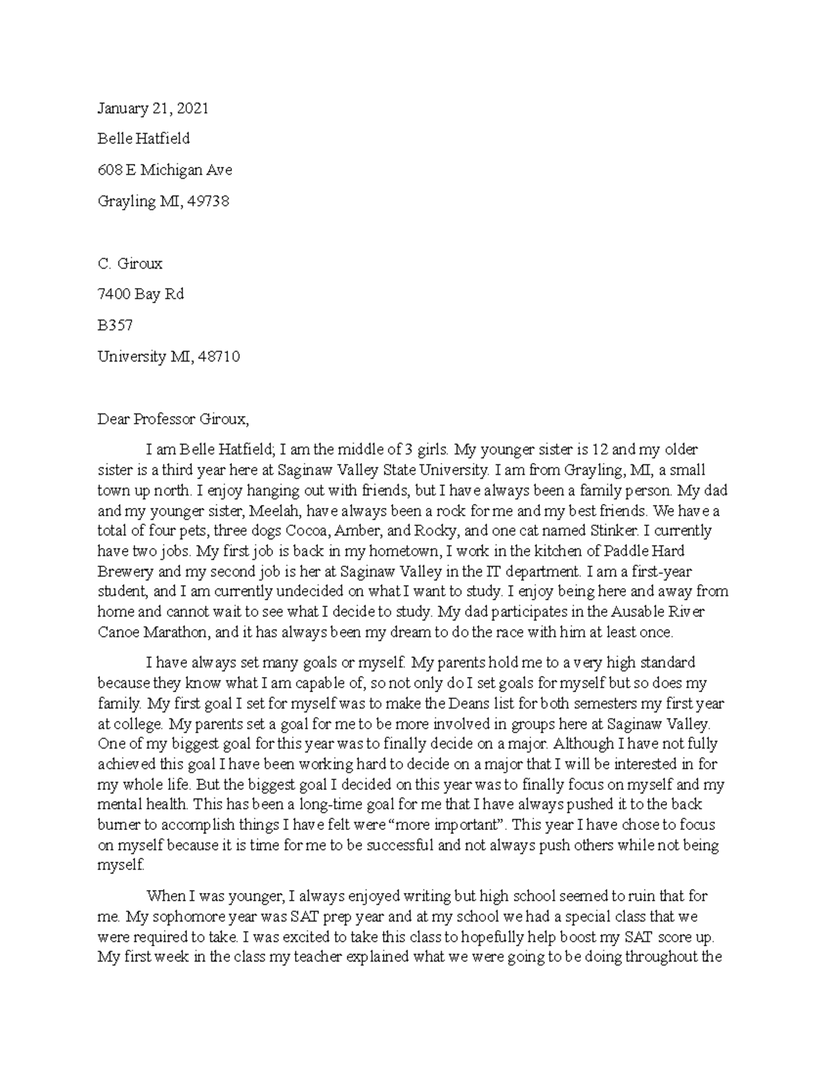 Essay Formal Letter ENG 204 - January 21, 2021 Belle Hatfield 608 E ...