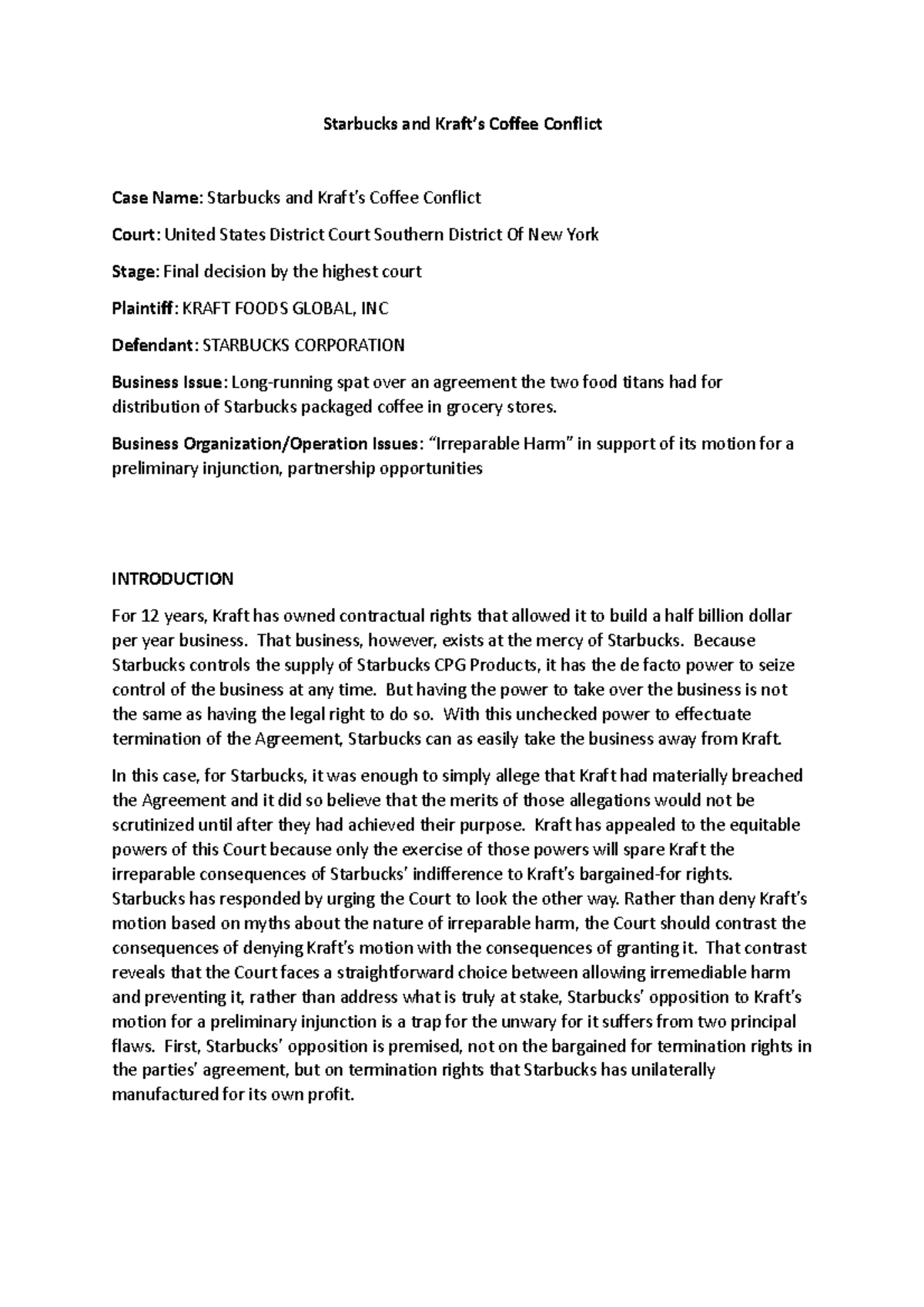 Starbucks and Kraft - law - Starbucks and Kraft’s Coffee Conflict Case ...