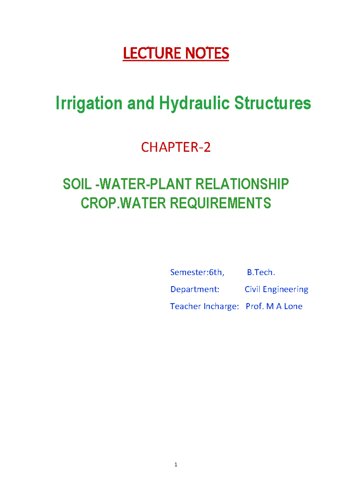 CIV 604 IHS-6th Civil-Chapter-2 Notes - LECTURE NOTES Irrigation and ...