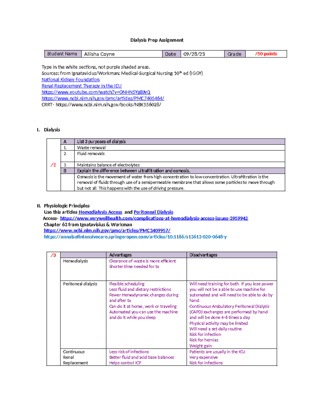 Dialysis Prep Worksheet 2023 - Dialysis Prep Assignment Student Name ...