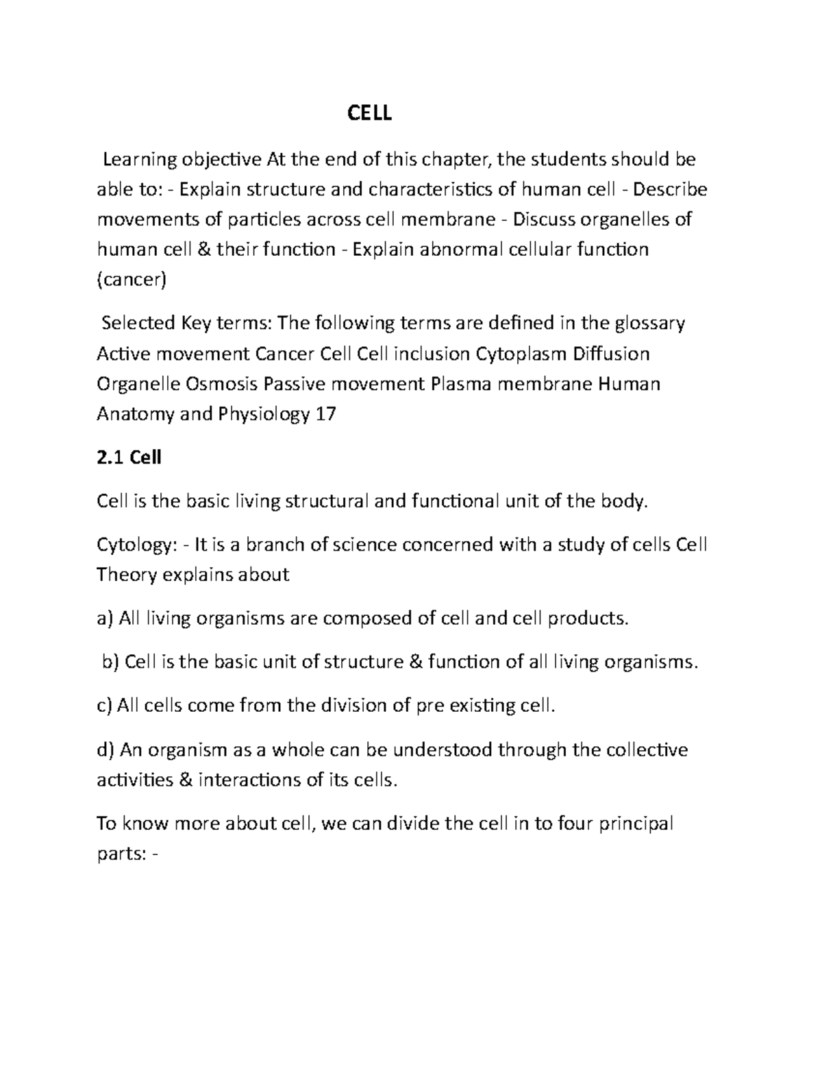 CELL notes pdf shardA - CELL Learning objective At the end of this ...