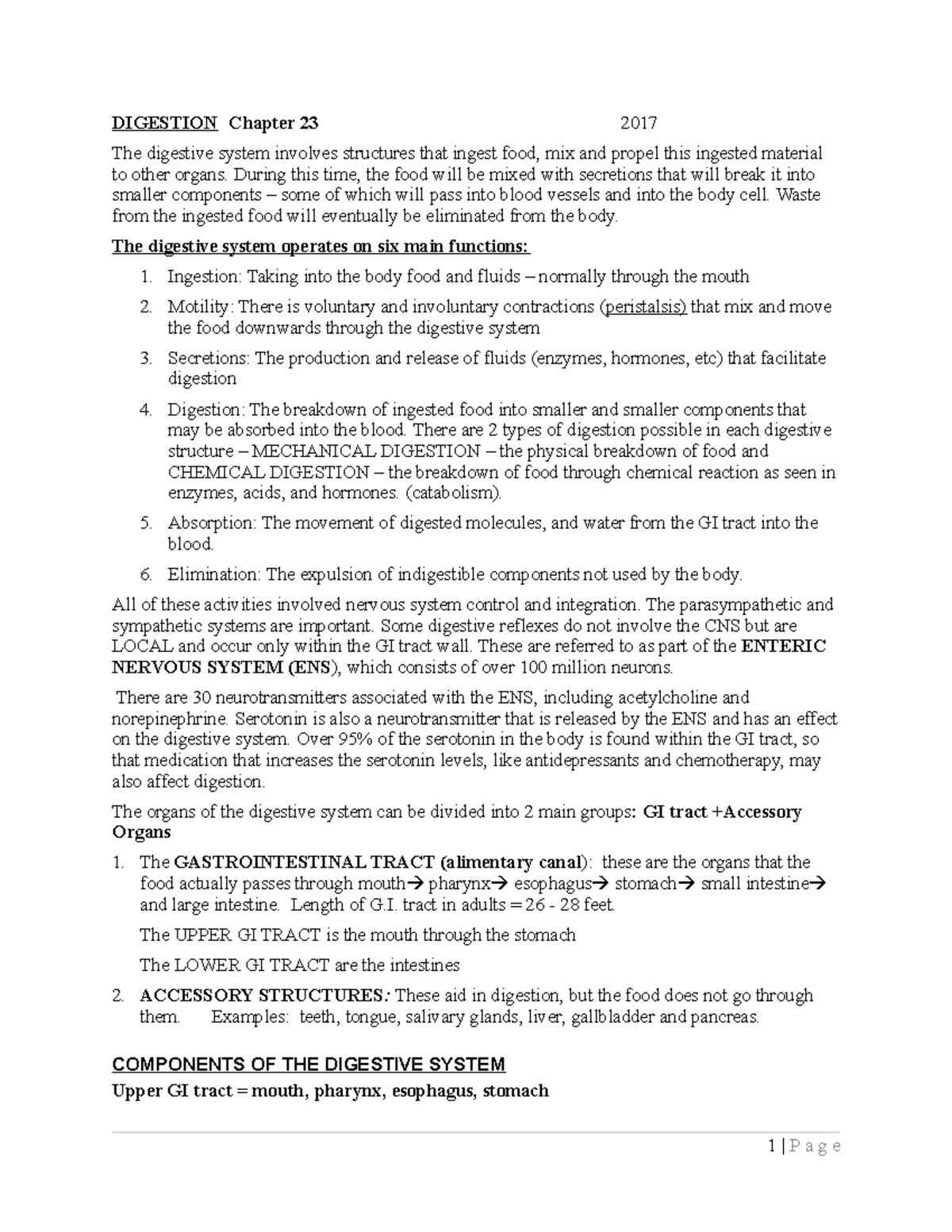 AP2 test 1 notes 2017 - DIGESTION Chapter 23 2017 The digestive system ...