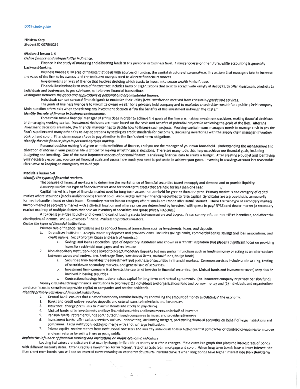 Finance Study Guide - n/a - D076 - Studocu