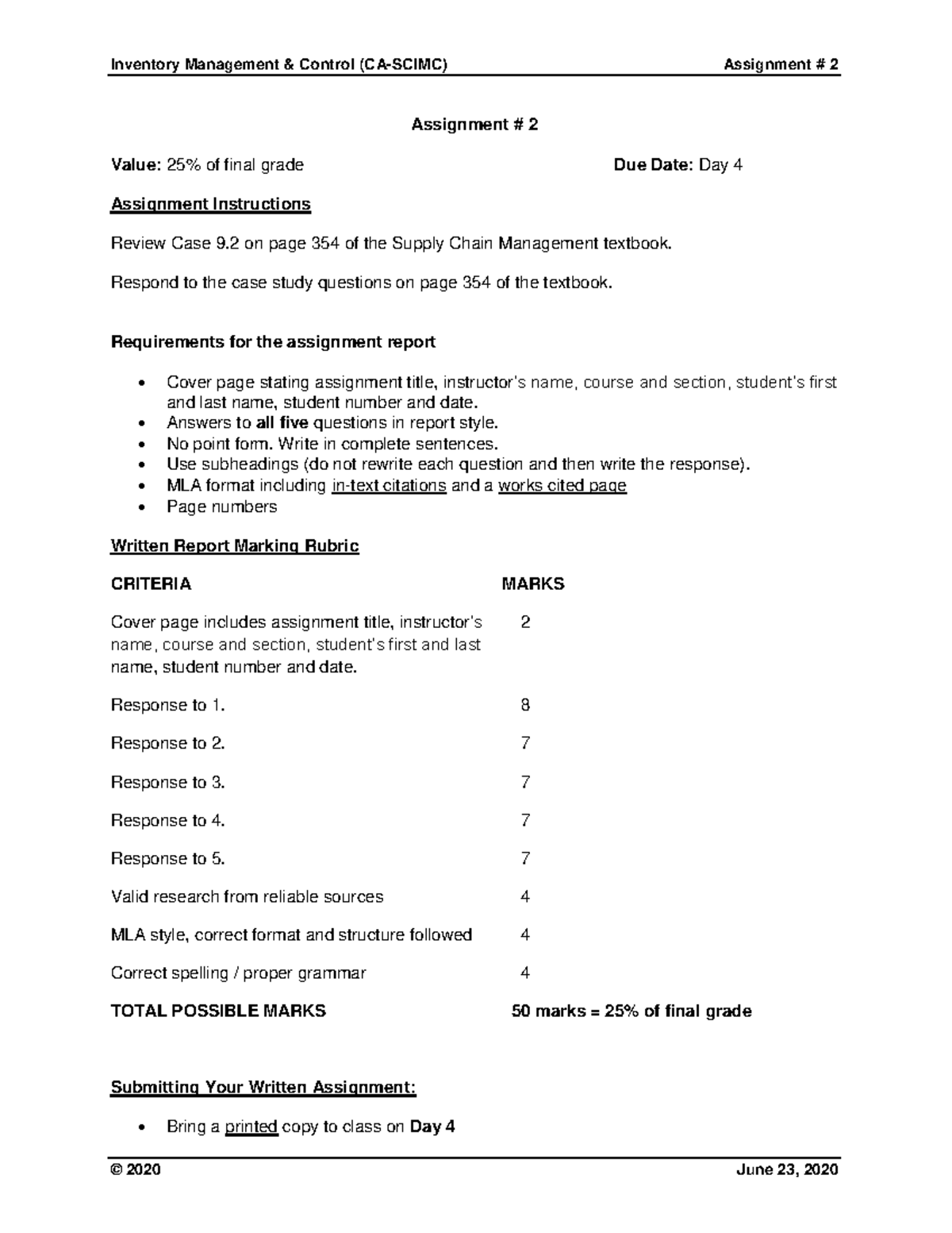 CA- Scimc v3-0 Assignment 2 2020-0623 - Inventory Management & Control (CA-SCIMC) Assignment # 2 ...
