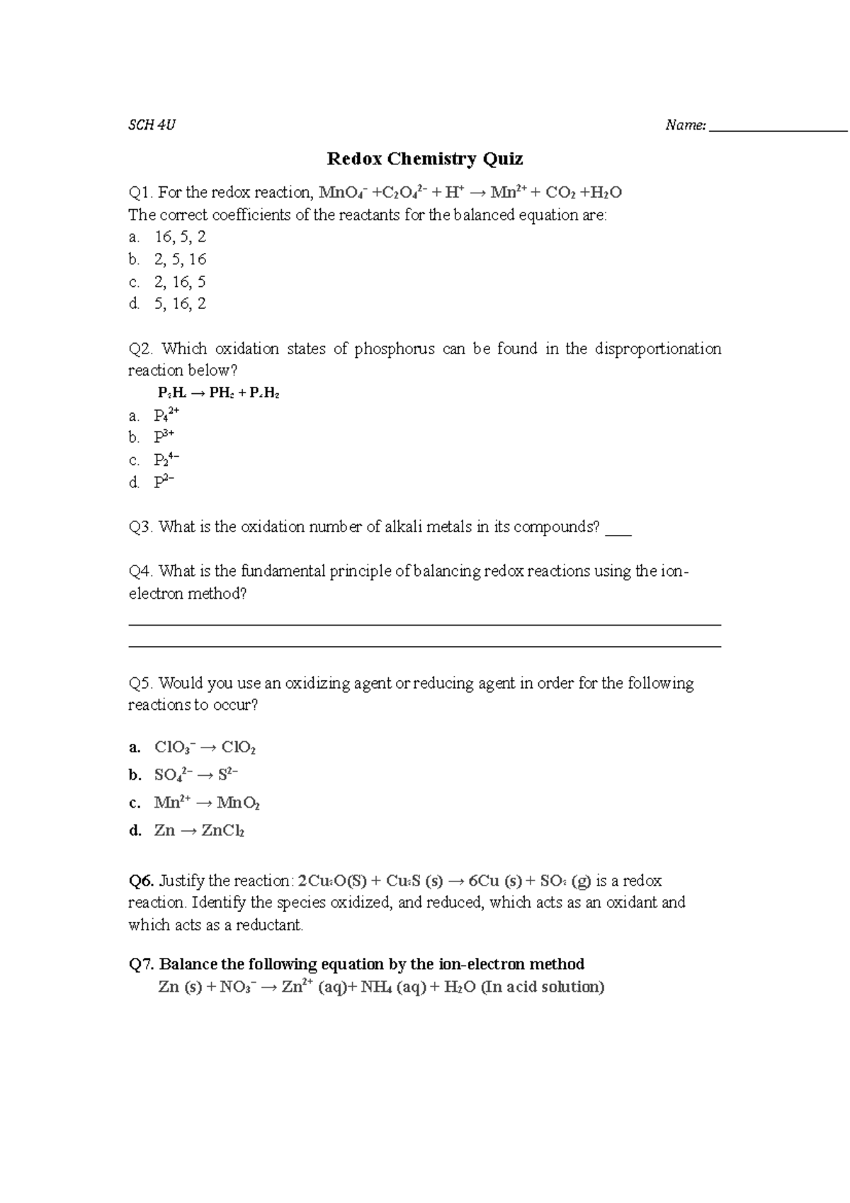 Unit 5 QUIZ 1 - quiz - Chem 112 - queensu - Studocu