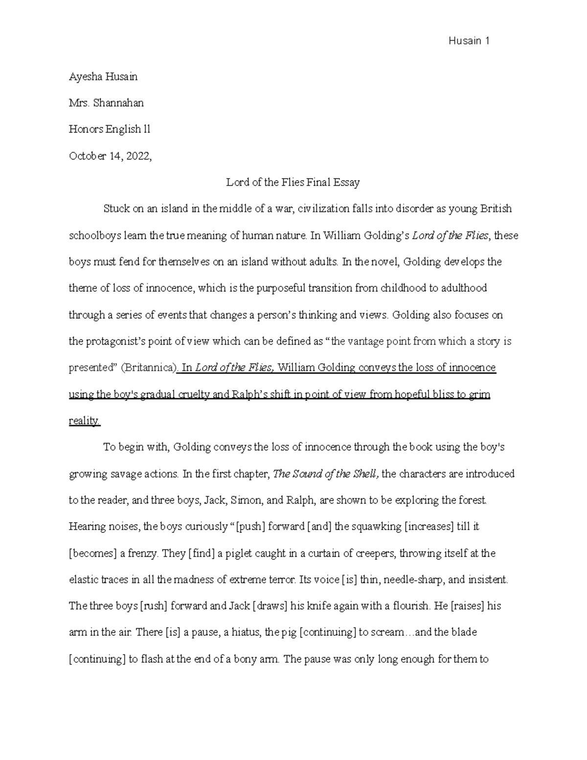 Final Lord of the Flies Essay - Ayesha Husain Mrs. Shannahan Honors ...