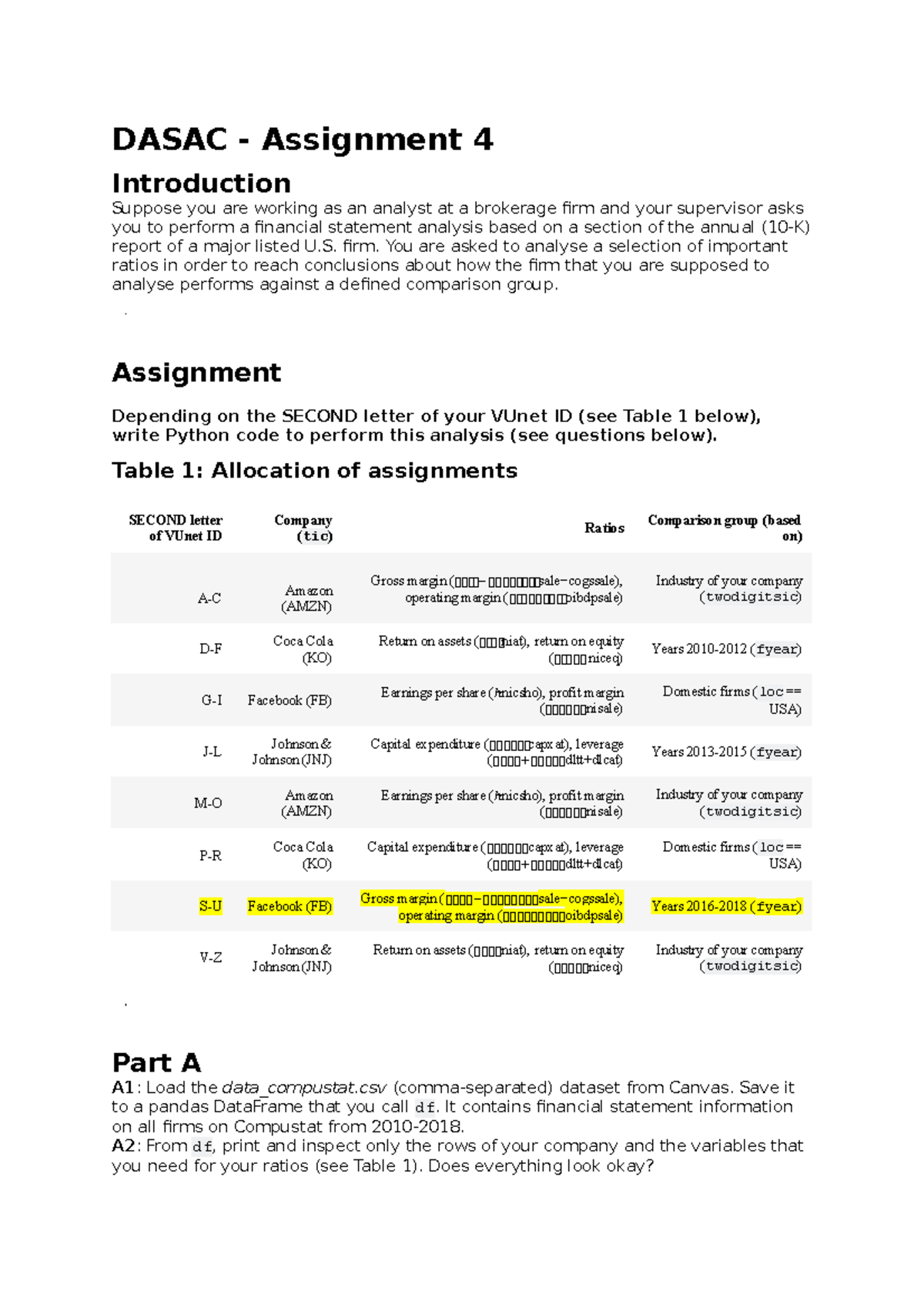 Assignment 4 - Python - DASAC - Assignment 4 Introduction Suppose you ...