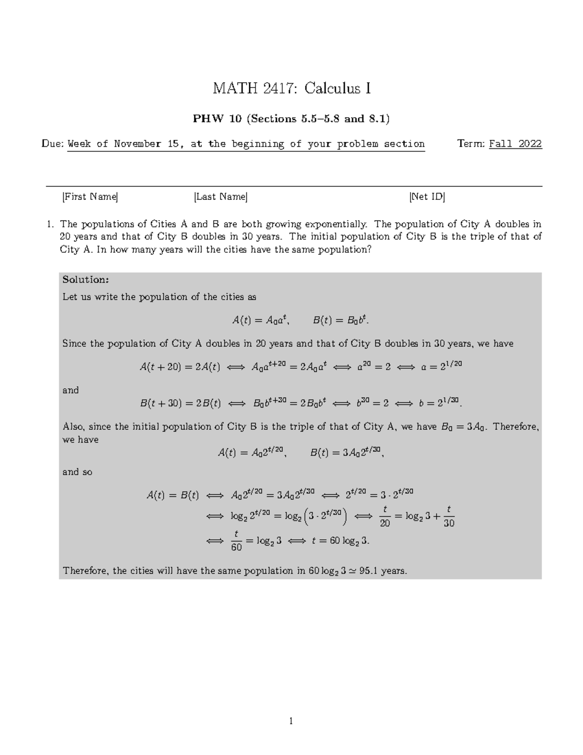 PHW10-Solutions - MATH 2417 homework answers - MATH 2417: Calculus I ...