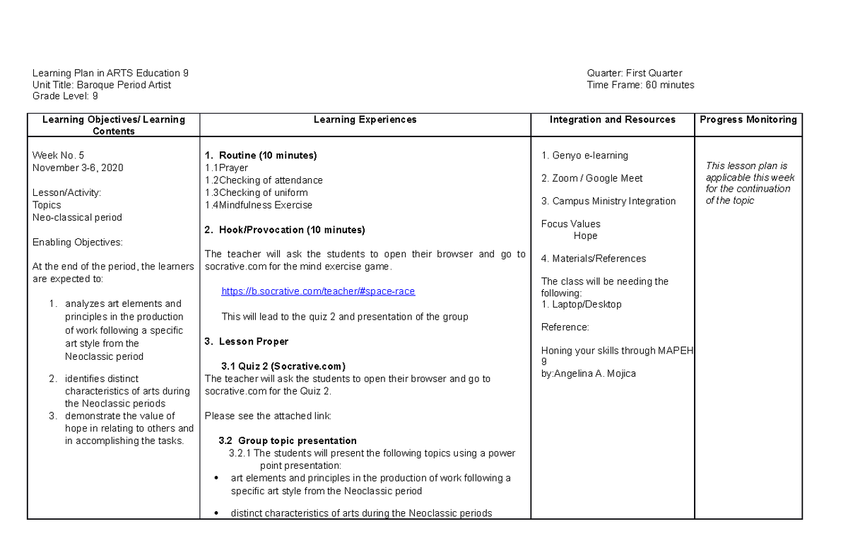 LP ARTS WEEK 5 - Art is beautiful - Learning Plan in ARTS Education 9 ...
