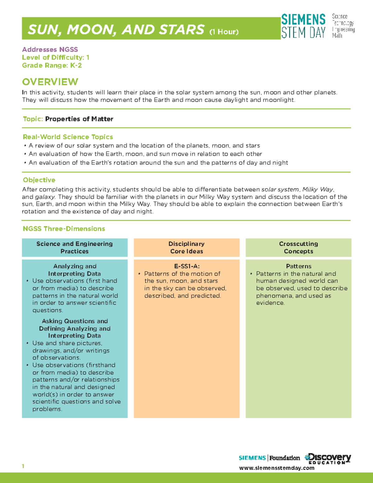 Activity Sun, Moon and Stars - Addresses NGSS Level of Difficulty: 1 ...