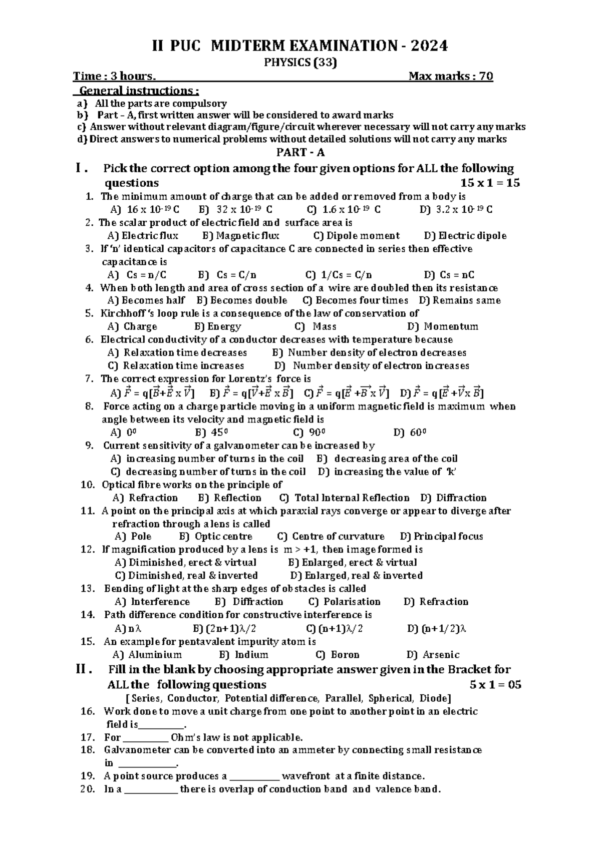 UK dist II PU Physics QP midterm-2024 - II PUC MIDTERM EXAMINATION - 2024 PHYSICS (33) Time : 3 ...