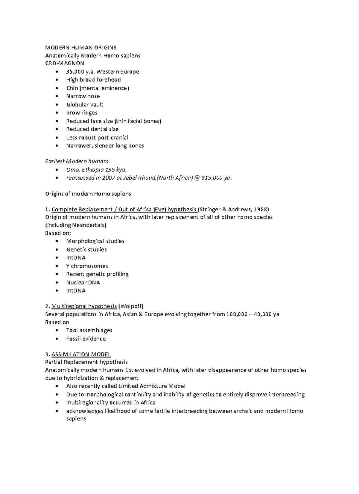 ANT101 full chapters notes - MODERN HUMAN ORIGINS Anatomically Modern ...