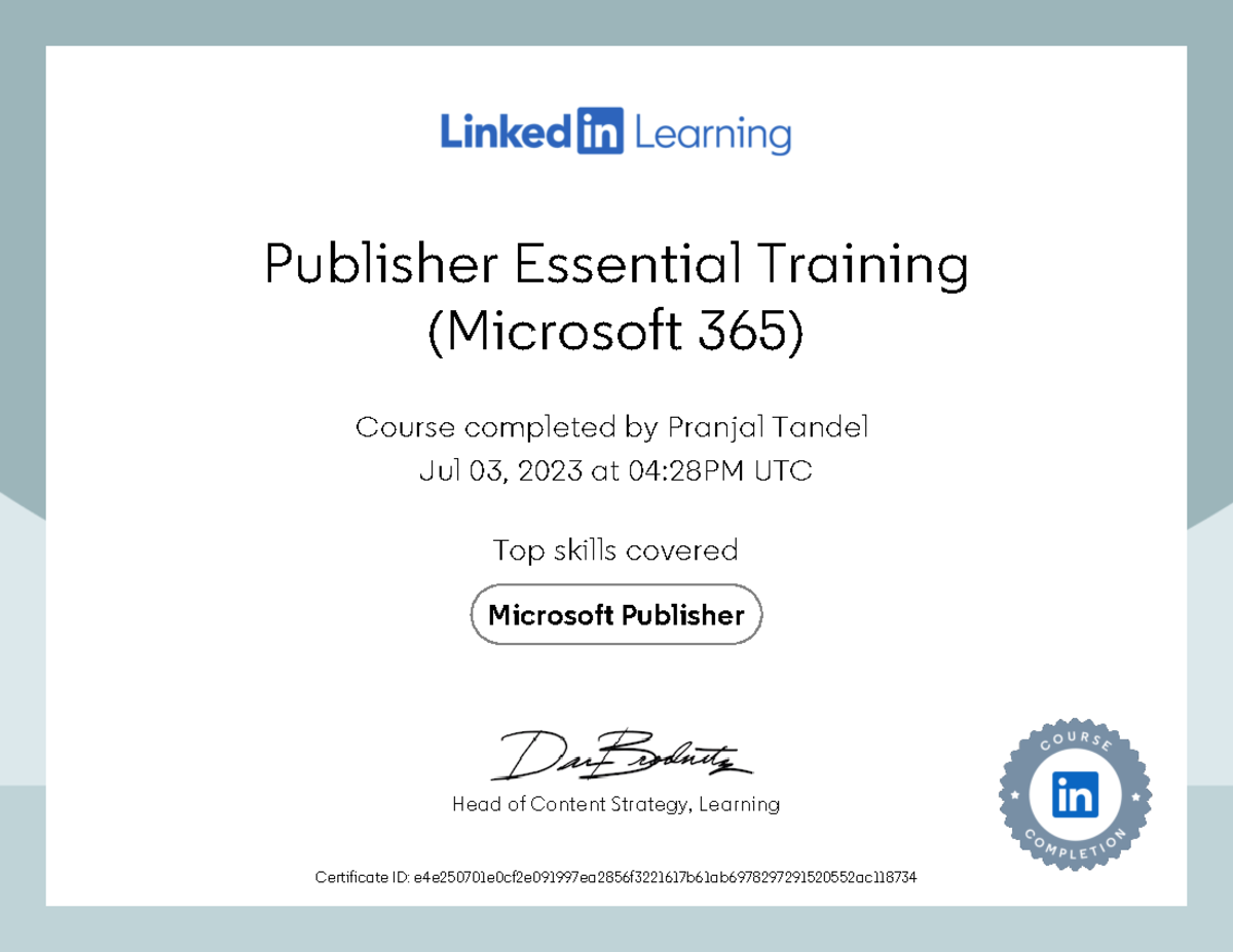 Certificate Of Completion Publisher Essential Training Microsoft 365 - Publisher Essential ...