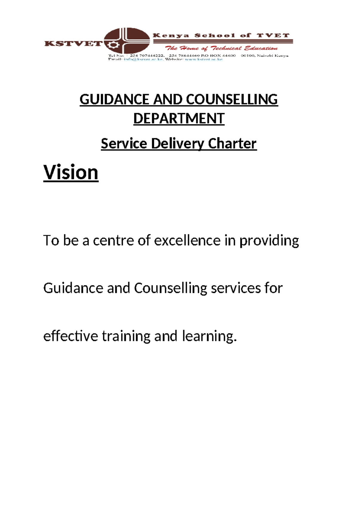 G&C Service Charter 2024 - GUIDANCE AND COUNSELLING DEPARTMENT Service ...