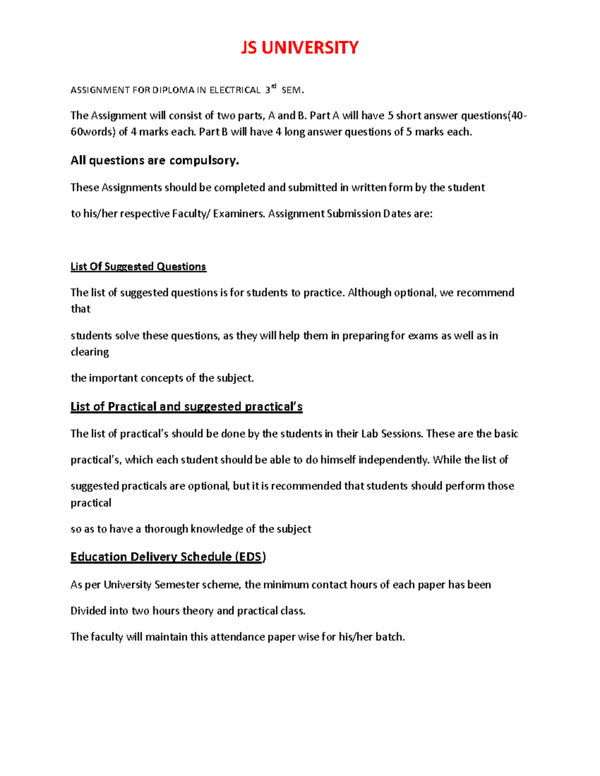 JS Diploma 3 SEM ASSI - ASSIGNMENT FOR DIPLOMA IN ELECTRICAL 3rd SEM. The Assignment will ...