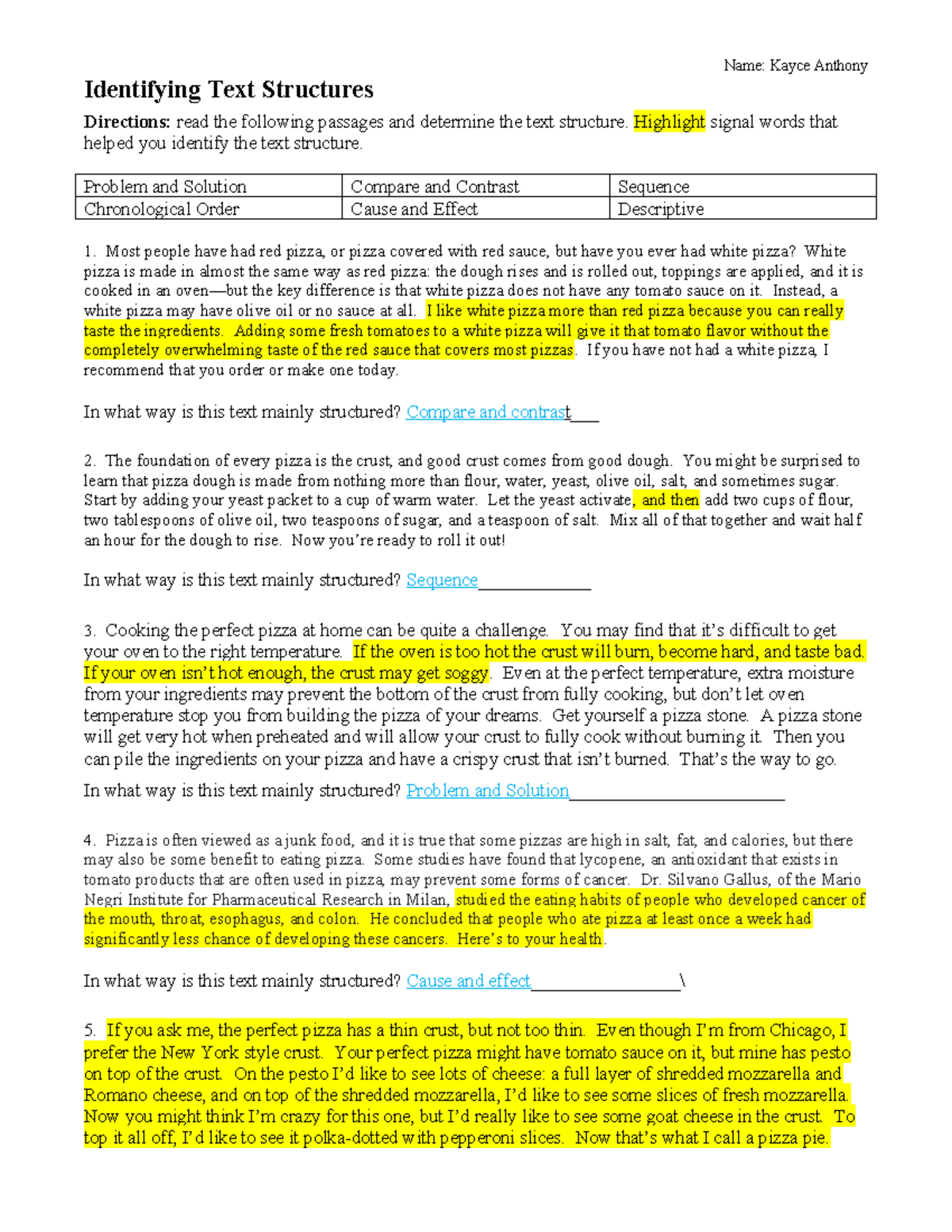 Identifying Text Structures Worksheet - Name: Kayce Anthony Identifying Text Structures ...