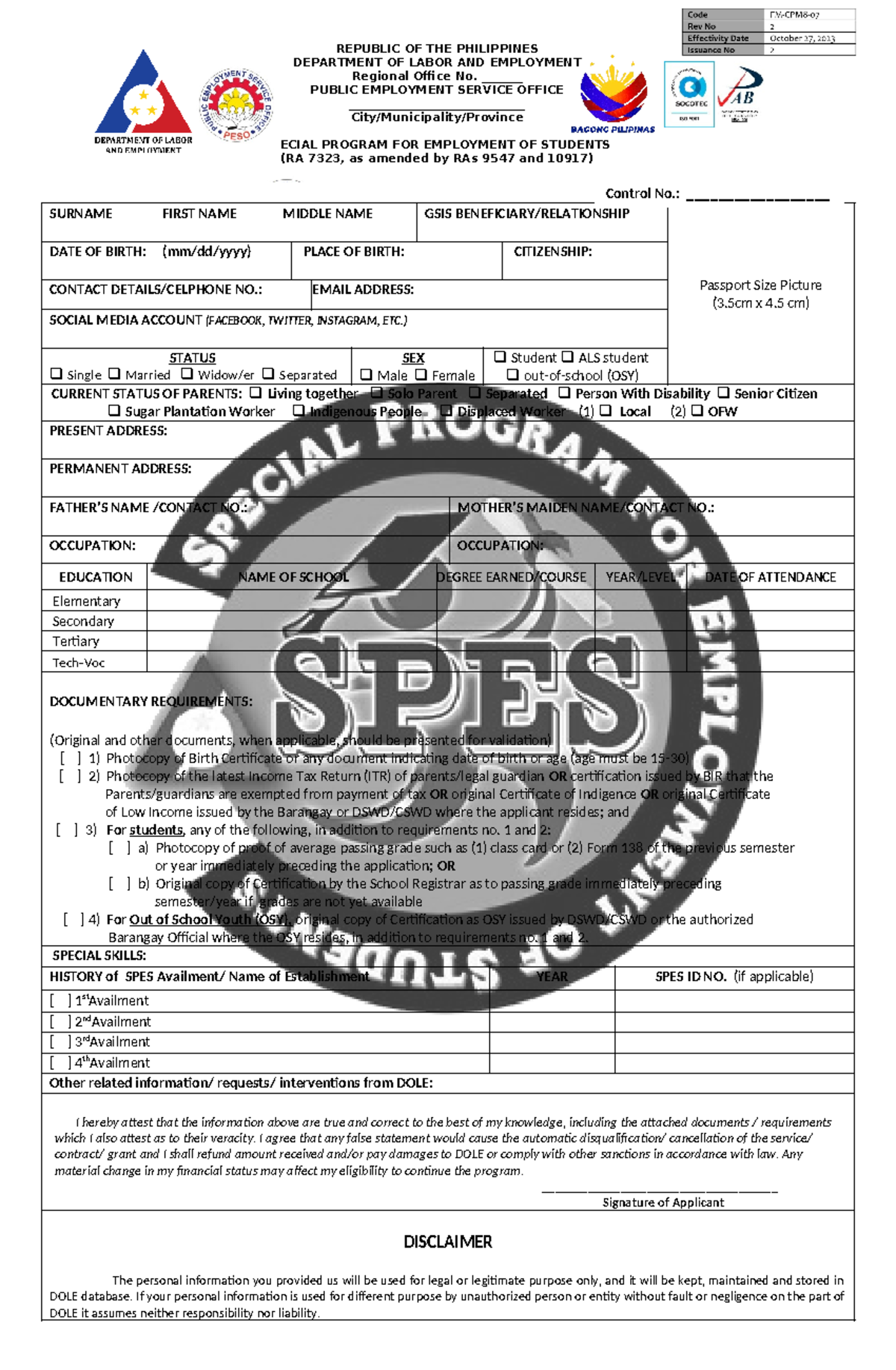 FM-CPM8-07 - SPES Application FORM - 10.27.23 - SURNAME FIRST NAME ...