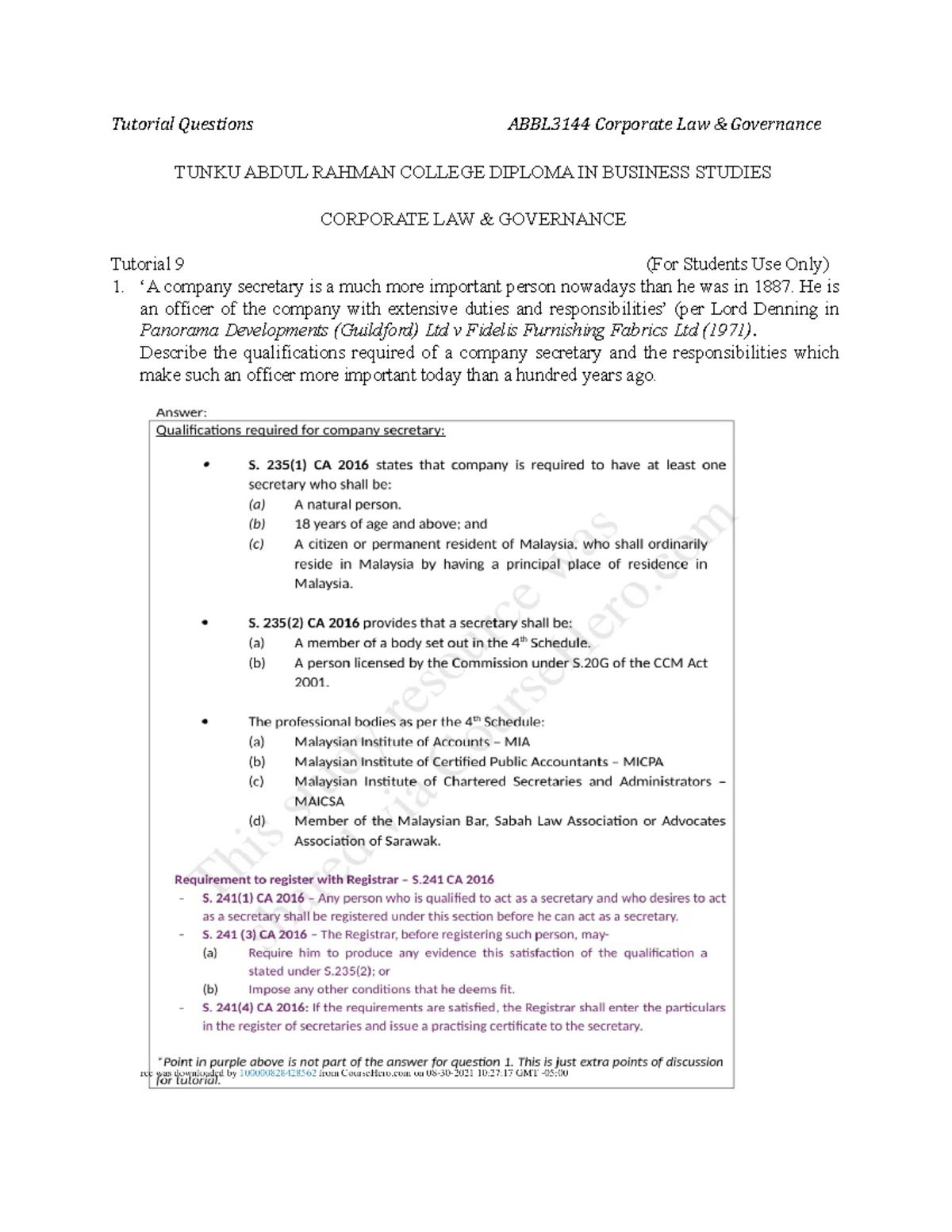 Tutorial 9 - Tutorial Questions ABBL3144 Corporate Law & Governance ...