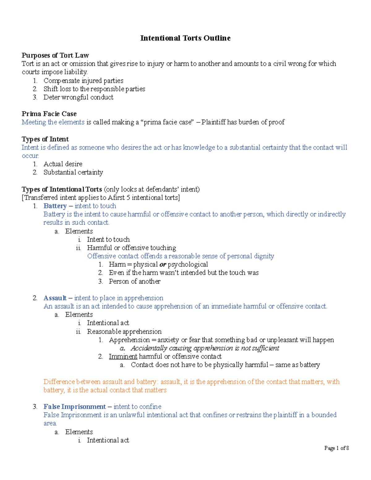 Intentional Torts Outline - 1. Compensate injured parties 2. Shift loss ...