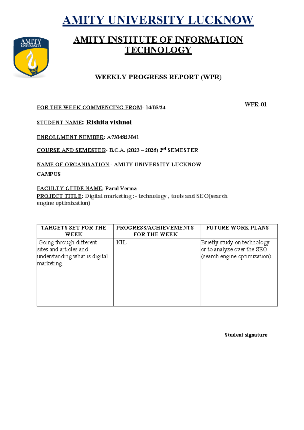 NTCC Weekly progress report - AMITY UNIVERSITY LUCKNOW AMITY INSTITUTE OF INFORMATION TECHNOLOGY ...