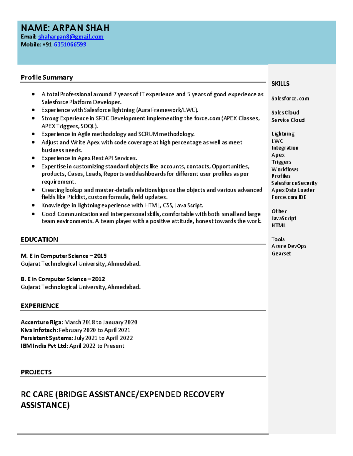 Arpan Shah Salesforce Resume Name Arpan Shah Email Shaharpan8gmail Mobile 91 6351066599 