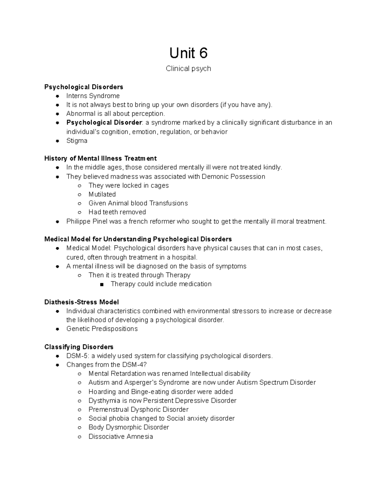 Unit 6 psychology - notes - Unit 6 Clinical psych Psychological ...