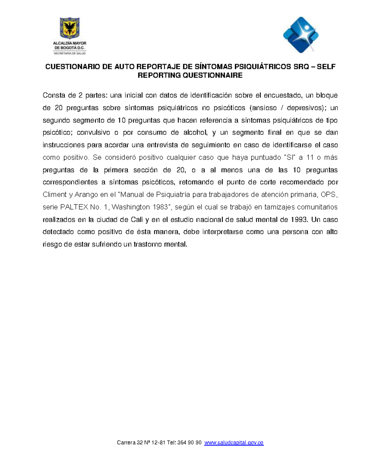 SRQ RQC - SrqR - CUESTIONARIO DE AUTO REPORTAJE DE SÍNTOMAS ...