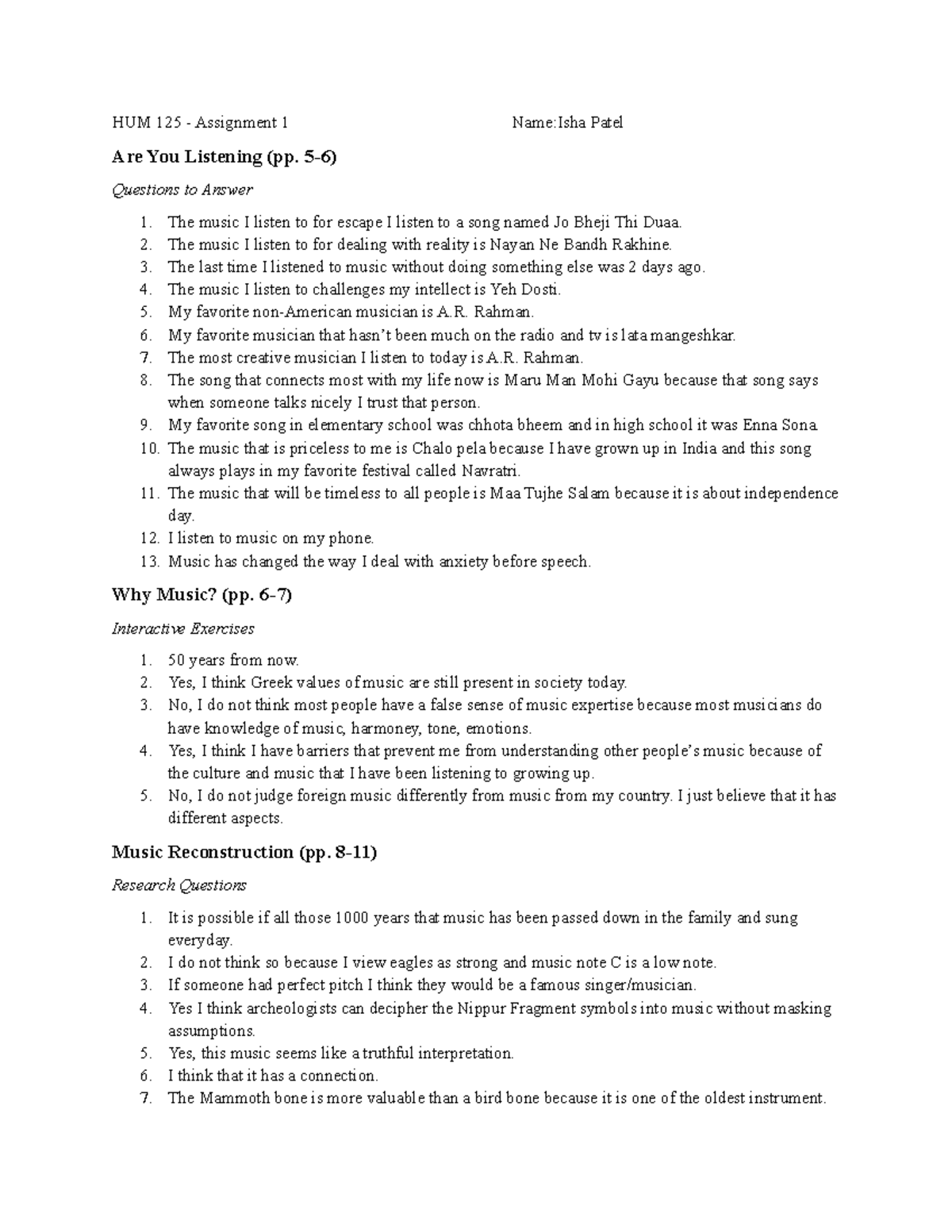 HUM 125 - Assignment 1- Isha Patel - HUM 125 - Assignment 1 Name:Isha ...