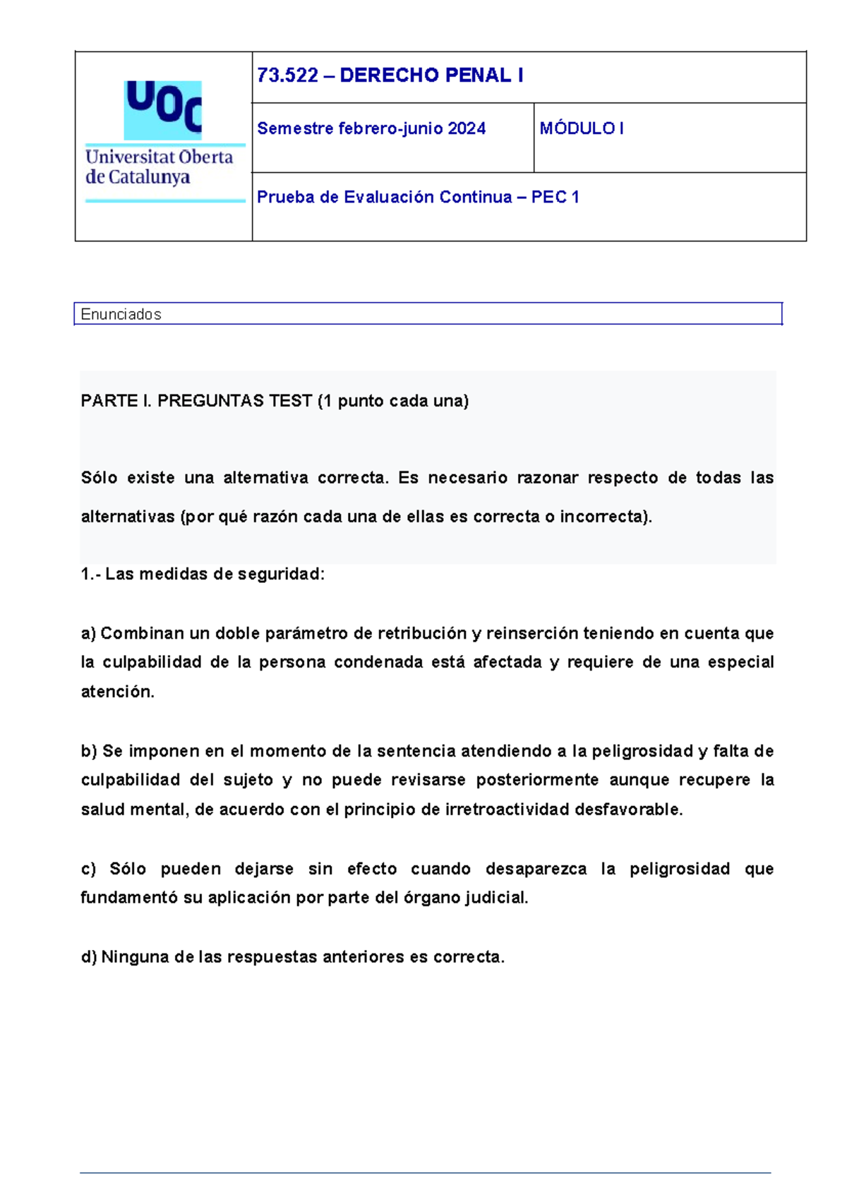 73522 PEC1 222234 - Semestre febrero-junio 2024 MÓDULO I Prueba de Evaluación Continua – PEC 1 ...
