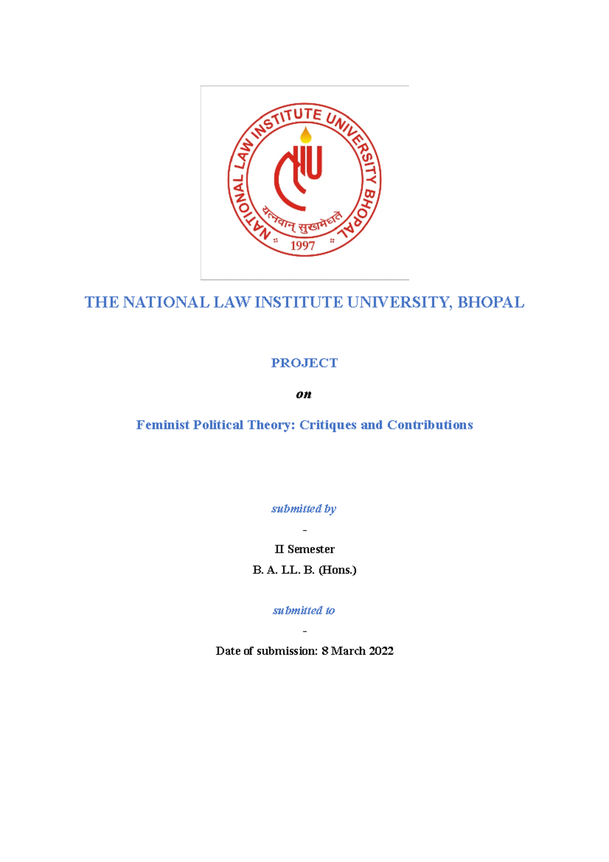 Political Theroy project - THE NATIONAL LAW INSTITUTE UNIVERSITY ...