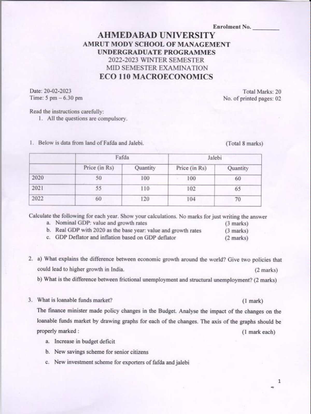 ECO 110 Macroeconomics MID SEM Winter Amsom 2023 - Date: Time: 5 pm 6 ...