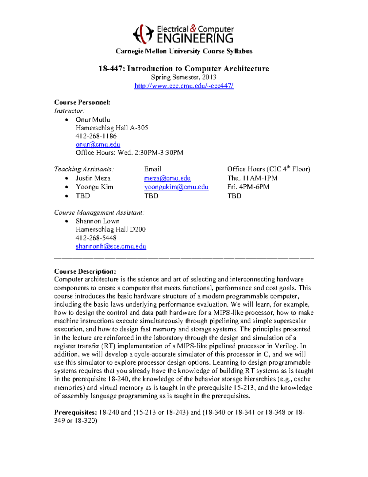 Syllabus 18 447 mutlu s13 - Carnegie Mellon University Course Syllabus 18-447: Introduction to ...