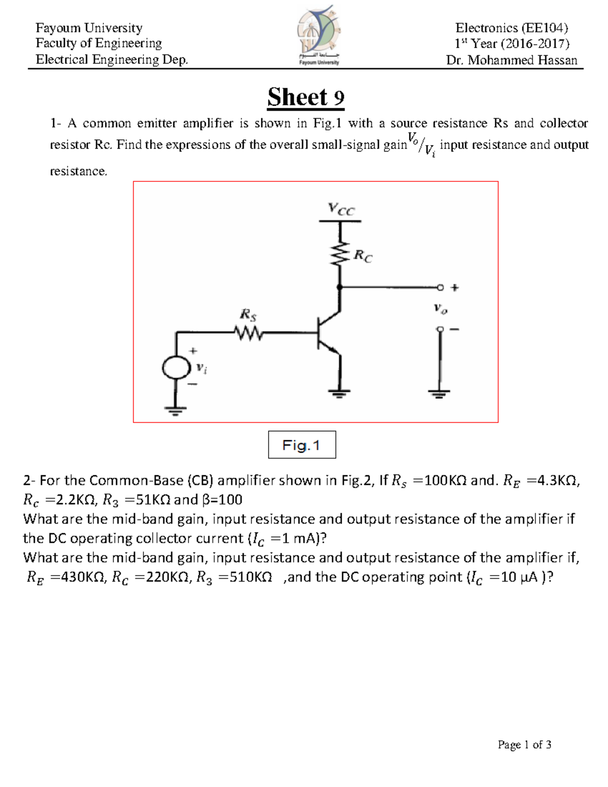 Sheet 9 - Fayoum University Faculty of Engineering Electrical ...